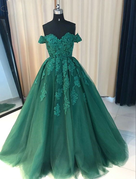 Emerald Green Prom Dress 2021 Ball Gown Lace Appliques Evening Dress O ...