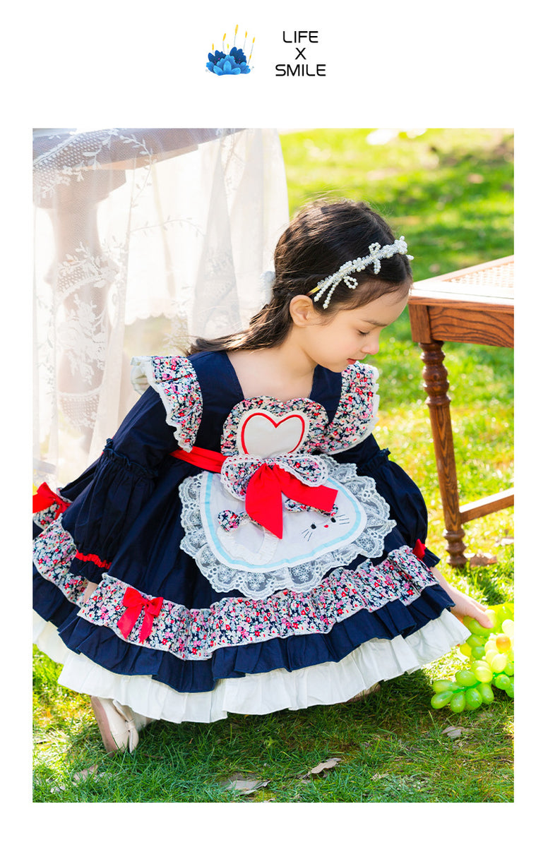 Girls Lolita Dress for Kids Dark Blue Floral Long Sleeves with Bow(s ...